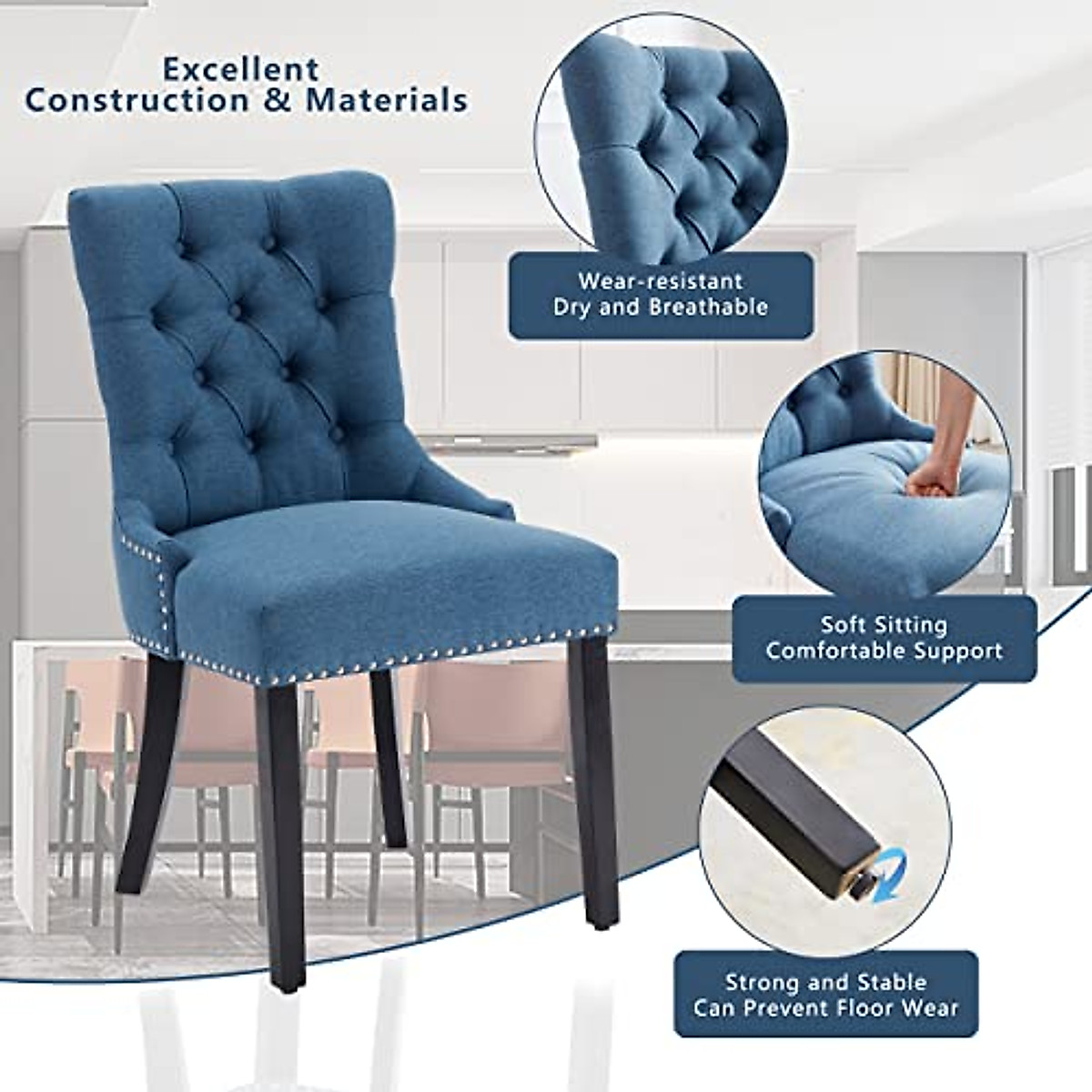Kingfun Dining Chairs Set of 2, Upholstered Tufted Kitchen&Dining Room Chairs, Modern Accent Chairs Side Chair for Dinner Table/Waiting Room, Padded Nailhead Fabric Parsons Chairs(Solid Wooden, Blue)
