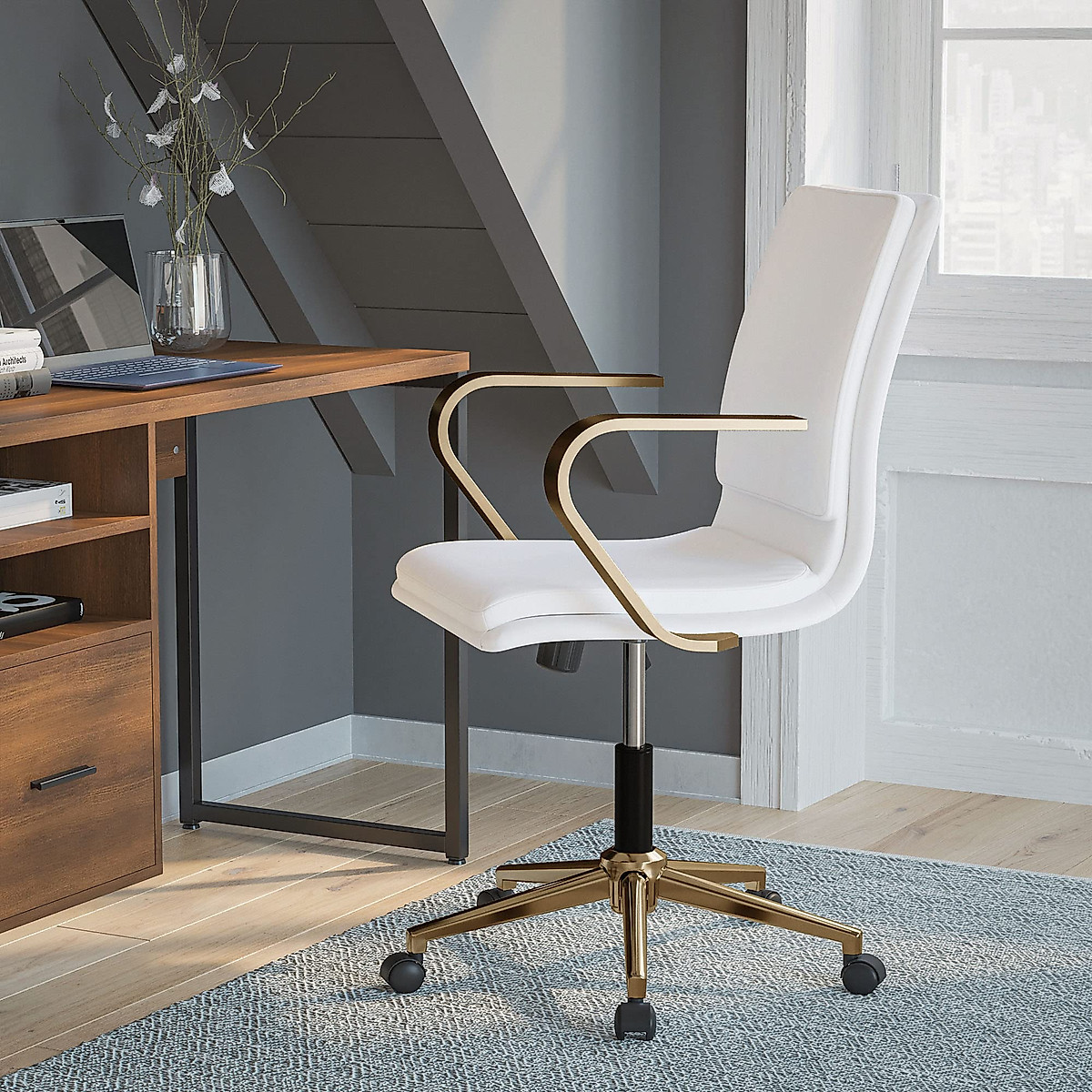 Flash Furniture James Mid-Back Designer Executive Office Chair - White LeatherSoft Upholstery - Brushed Gold Base and Arms - Height Adjustable 360° Swivel Seat