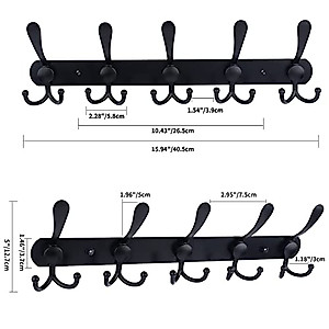 Qihtldsy Coat Rack Wall Mount, Stainless Steel Coat Hooks, 5 Tri Hooks, Heavy Duty Hook Rail for Coat Hat Towel Bag Purse Robes Bedroom Kitchen Bathroom Entryway (Black, 2 Packs)
