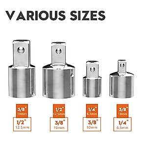 Impact Socket Adapter and Reducer Set 4-Piece for Impact Driver Ratchet Docket Extentsion Conversion Tool 1/4 to 3/8 x 3/8 to 1/4 x 3/8 to 1/2 x 1/2 to 3/8,Square Ratchet Socket Adapter,Cr-V(Silver)