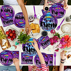 96Pcs Video Game Party Supplies Birthday Royale Tableware Set Gaming Party Plates and Napkins Game on Decorations for Kids Boys Girls Baby Shower Video Game Dinnerware Party Favors for 24 Guests