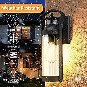 PTRWOROA Dusk to Dawn Motion Sensor Outdoor Wall Light, 15 Inches Large Black Exterior Wall Sconce Lantern Lighting with Ribbed Glass, Wall Mounted Light Fixture for Garage Porch Patio
