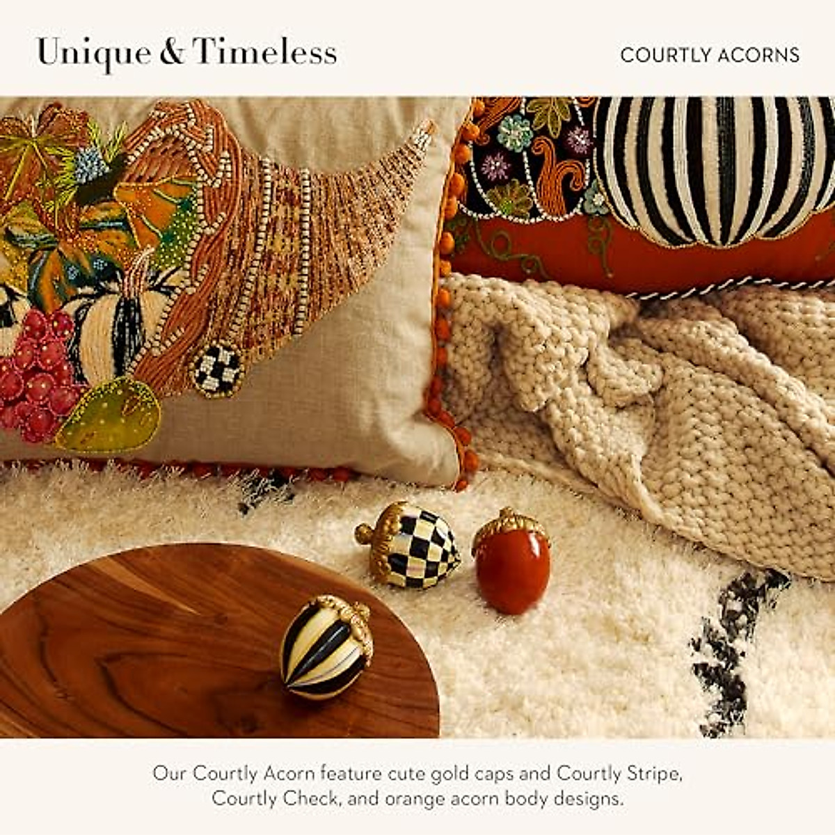 MACKENZIE-CHILDS Decorative Acorns, Resin Acorn Fall Decor for Kitchen and Home, Set of 3, Black-and-White Courtly