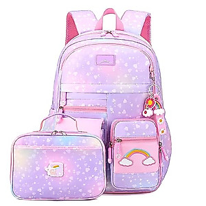 BEFUNIRISE Girls Backpack, School Backpacks 16 17 inch for Girls,Cute Book Bag for Teen Kid Elementary Middle High School (Purple Set, Small)