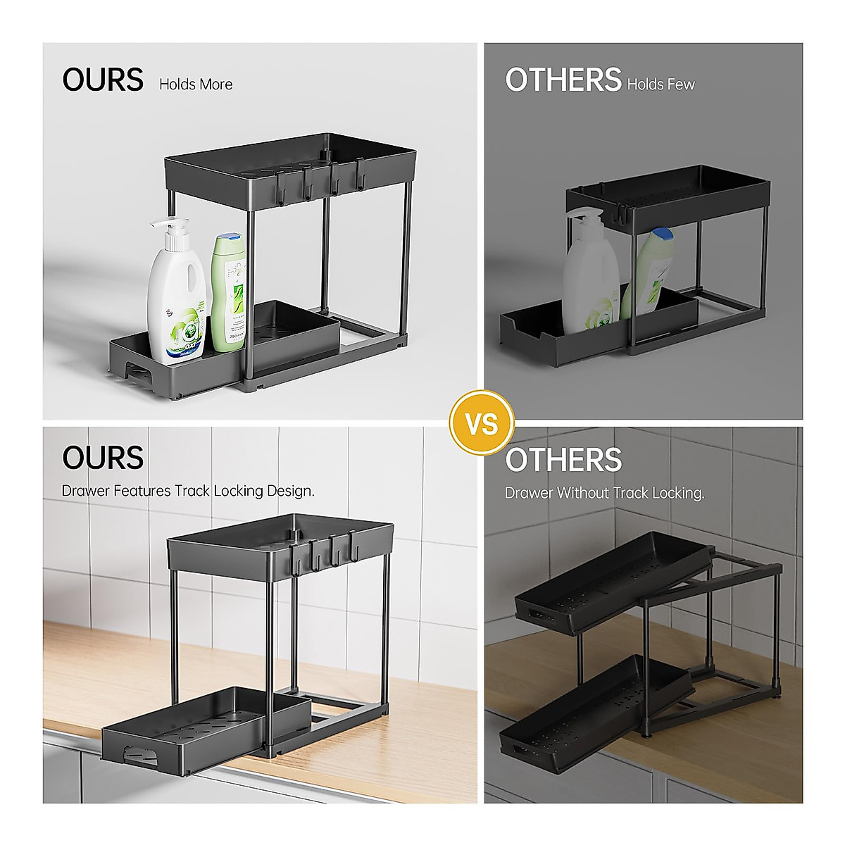 Delamu 2 Pack Under Sink Organizers and Storage, 2 Tier Pull Out Under Cabinet Organizer, Black Under Sink Storage for Bathroom Kitchen, Under Counter Storage organizer with 8 Hooks