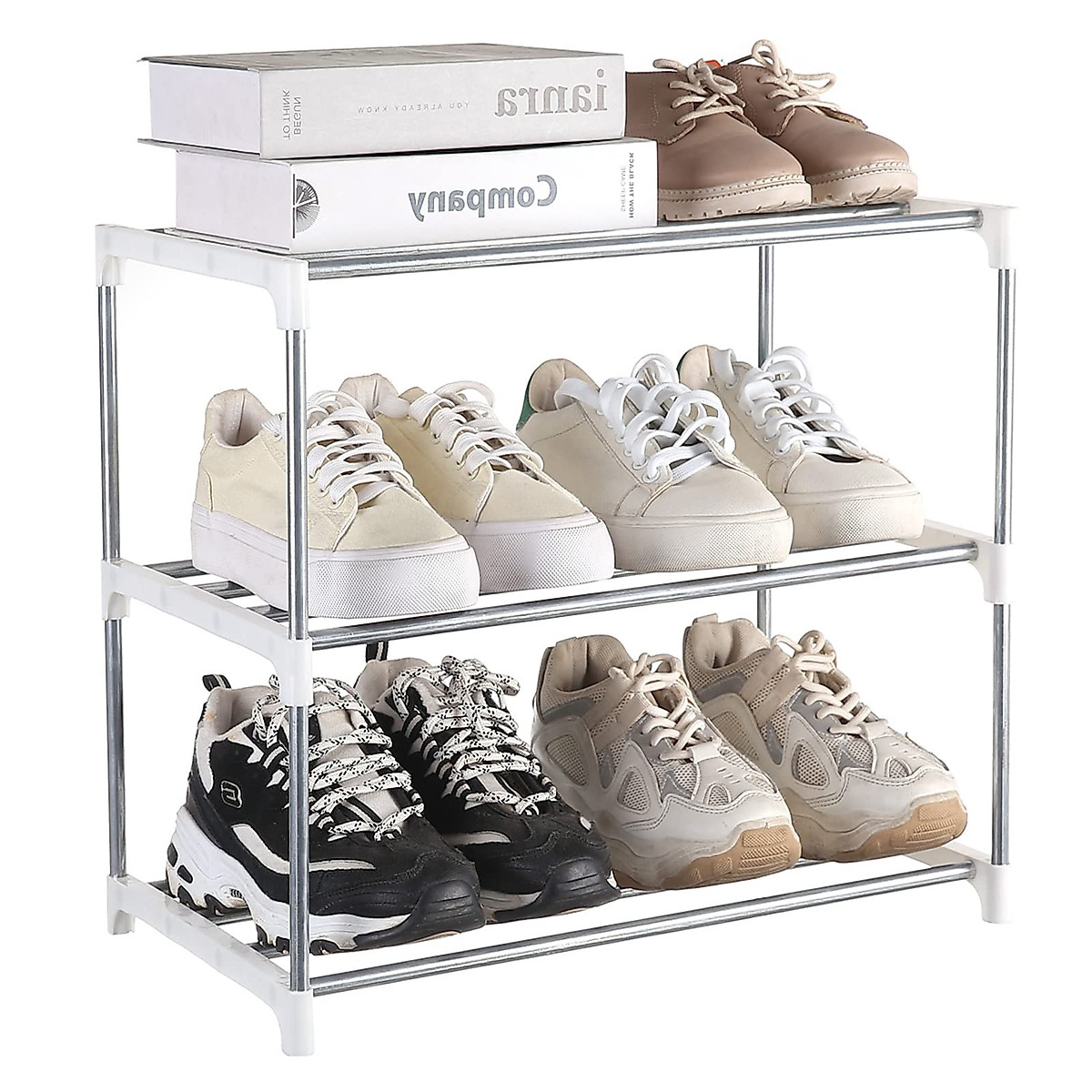 Fouews Small Shoe Rack, Narrow Stackable Shoe Shelf Organizer for Entryway, Doorway and Bedroom Closet (3-Tier, White)