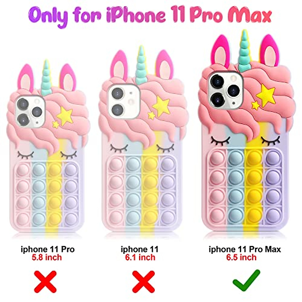 HoneyAKE Fidget Toys Phone Case for iPhone 11 Pro Max Case Bubble Bumper Protective Soft Silicone Shockproof Stress Reliever Pop Phone Cover Shell for Women Girls iPhone 11 Pro Max 6.5'', Rainbow