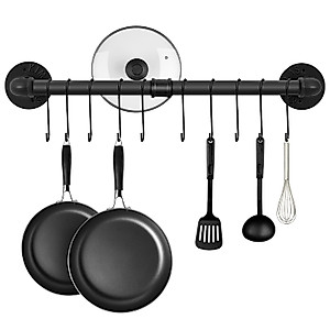 SUJOER Pot Rack Wall Mounted with 15 Hooks, Hanging Pot Pan Organizer Rack,Utensil Industrial Pipe Hanger,Heavy Duty Cast Iron Skillet Storage Rail,Cabinet Black Pots and Pans Storage (23.7inch)