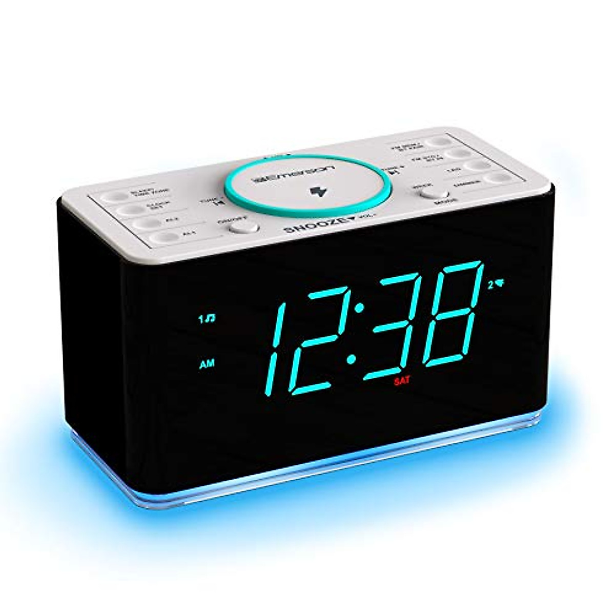 Emerson ER100401 Smartset 15Watt Ultra Fast Wireless Charging Dual Alarm Clock Radio with Bluetooth Speaker, USB Charger, Cyan LED Night Light and 1.4" Display