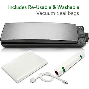 Automatic Food Vacuum Sealer System - 110W Sealed Meat Packing Sealing Preservation Sous Vide Machine w/ 2 Seal Modes, Saver Vac Roll Bags, Vacuum Air Hose - NutriChef PKVS35STS (Stainless Steel)