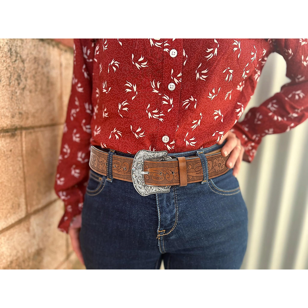 Western-Leather-Belts for Women Turquoise-Oval-Buckle Embossed Cowgirl Belt for Jeans Pants (Fit for 31-37" Waist)