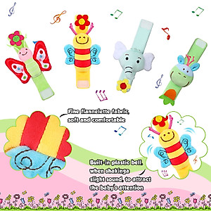 4 Pieces Baby Wrist Rattles Animal Pattern Newborn Rattle Foot Rattles Toy for Babies Boy Girl Infant Birthday Gifts Educational Toys, 4 Designs (Elephant, Donkey, Butterfly, Honeybee)