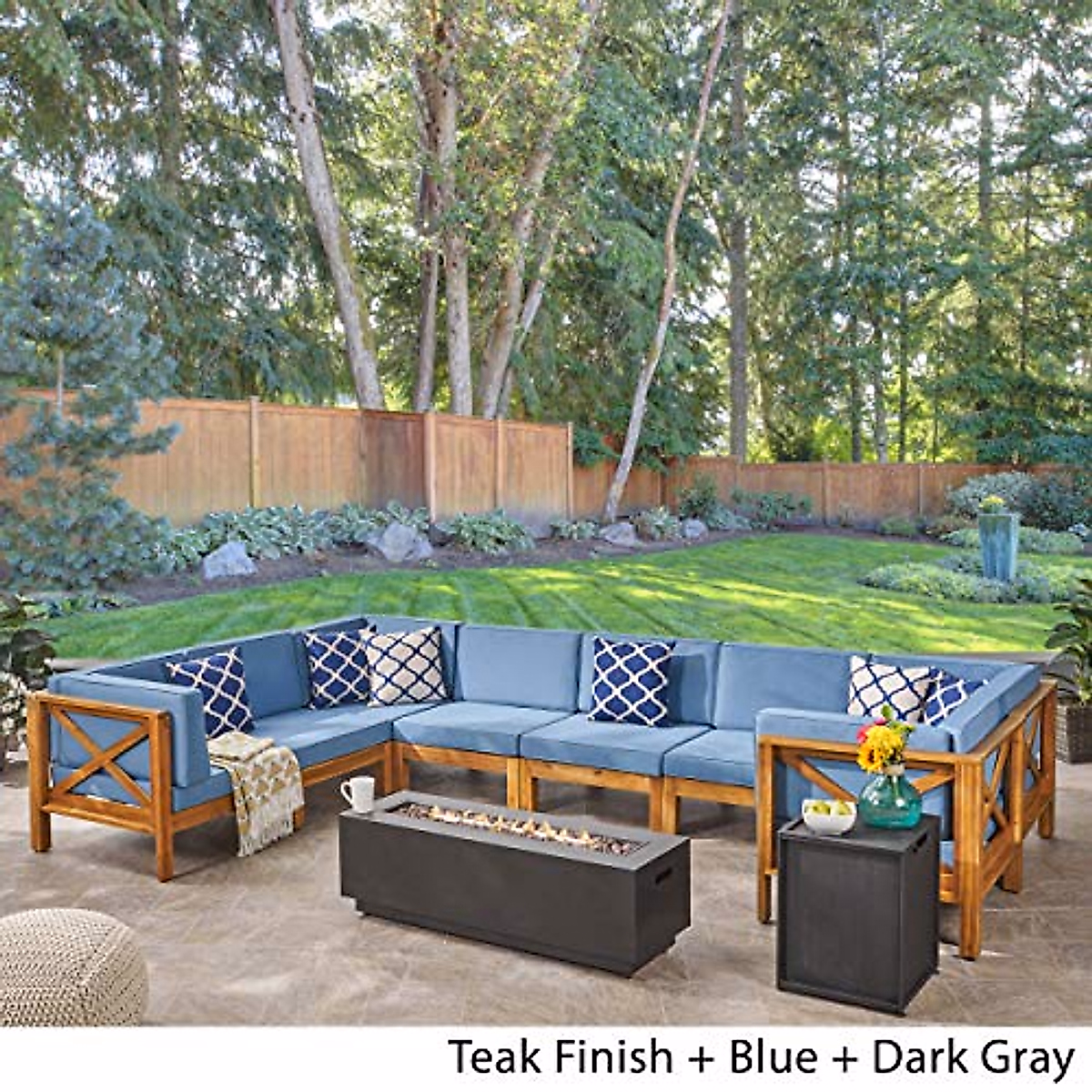Great Deal Furniture GDFStudio Outdoor Farmhouse Acacia Wood 8 Seater U-Shaped Sectional Sofa Set with Fire Pit, Teak, Blue, and Dark Gray