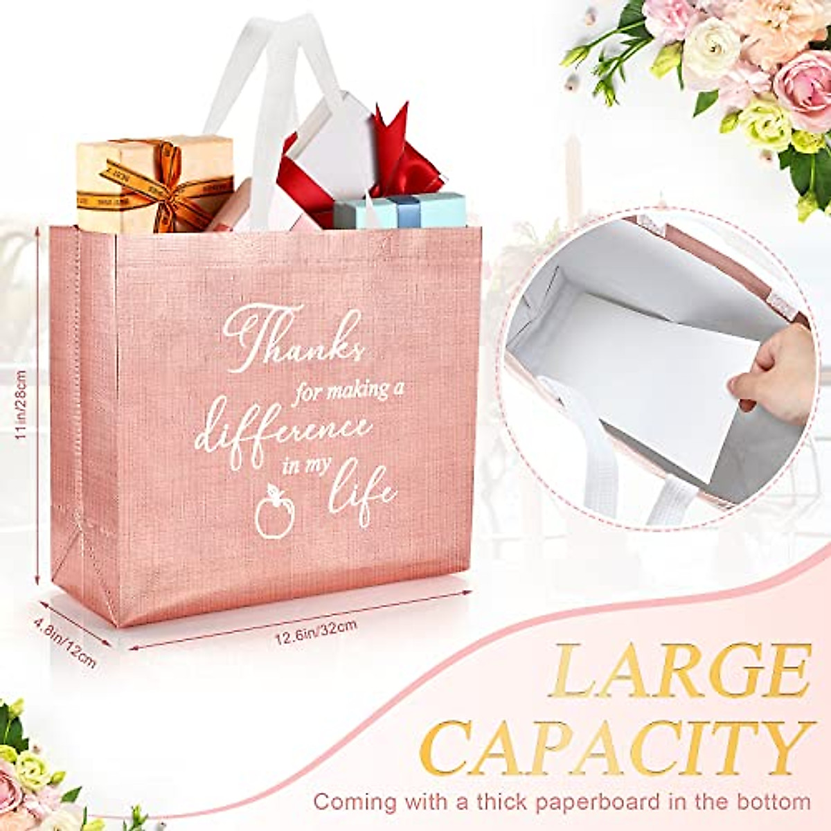 12 Pcs Glossy Teacher Appreciation Gift Bag Teacher Non Woven Metallic Tote Bags Large Reusable Teacher Bag with Finish for Teachers Day Back to School End of Semester Gifts (Rose Gold)
