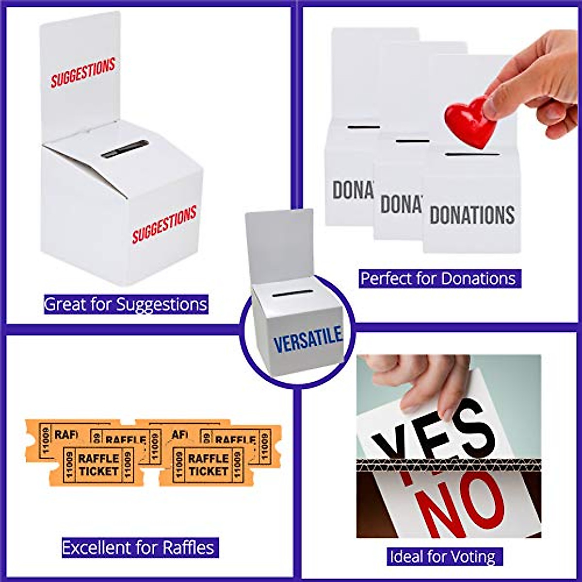 ALBEN Ballot Box for Suggestions Donations Raffles White Glossy Cardboard Boxes with Removable Header in Medium Size 6x6x6 inches with Slot for Tickets and More (2 Pack)