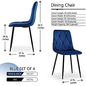 KATBOC Blue Velvet Dinner Chairs Set of 4, Modern Velvet Dining Room Chairs, Kitchen Chairs with Upholstered Cushion Seat for Home Kitchen Restaurant