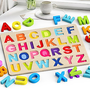 Zeoddler Alphabet Puzzles, Wooden Puzzles for Toddlers, ABC Shape Puzzles for Kids, Preschool Learning Activities, Gift for Girls Boys