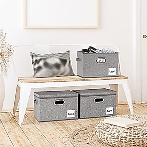 LHZK Large Storage Bins with Lids 6 Pack, Linen Fabric Storage Boxes with Lids, Foldable Storage Baskets with 3 Handles and Label Window for Shelves Bedroom Closet Office (15x11x9.6,Grey,Beige)