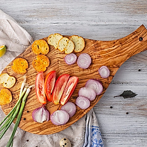 Forest Decor Olive Wood Serving Board, Wooden Cheese Board, Serving Board with Handle, Premium Hand Carved Kitchen Charcuterie Board for Meat, Bread, Vegetables, 15x7