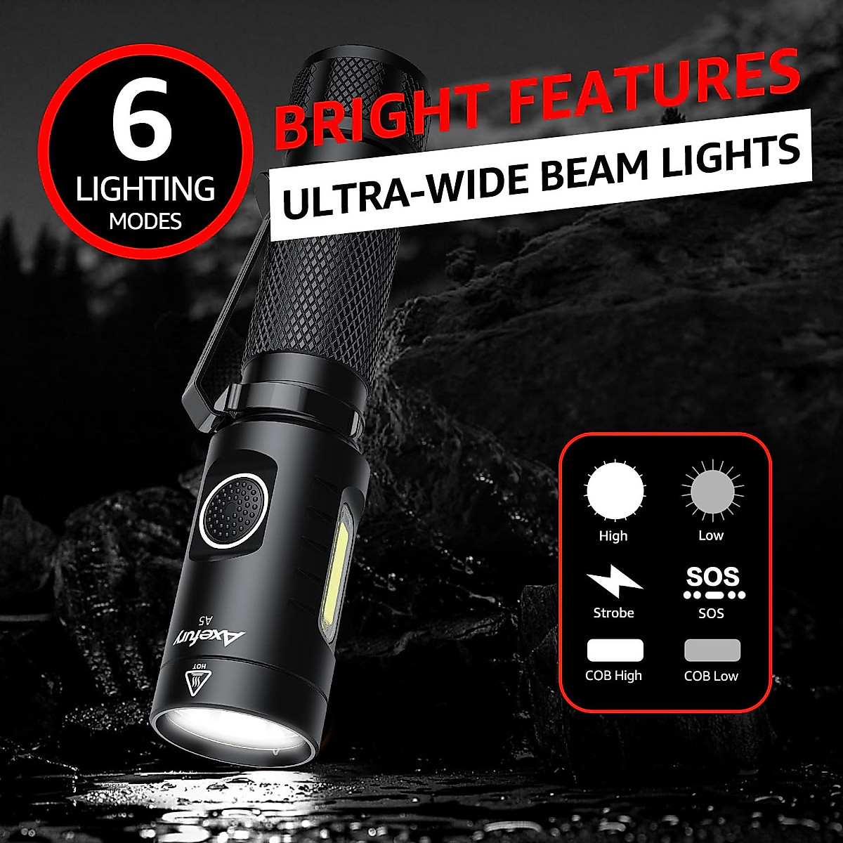 axefury Flashlight, Magnetic LED Flashlight,Small Powerful EDC Flashlight A5 with COB Side Light,700 lumens,6 Modes,2 Types Batteries,Waterproof for Camping, Emergency(Not Included Battery) Gift