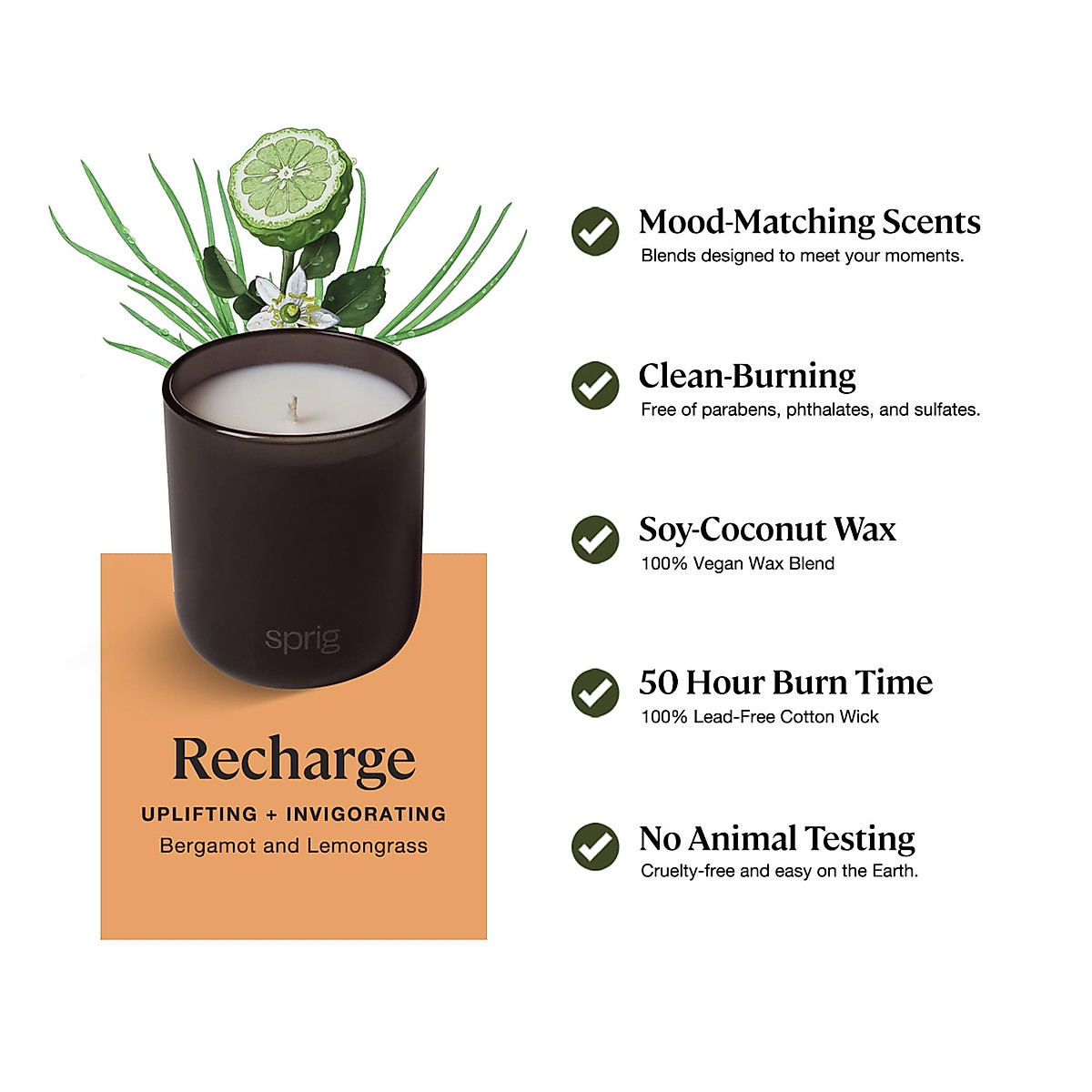 Sprig by Kohler Recharge Aromatherapy Candle with Bergamot and Lemongrass, 100% Natural Soy-Coconut Wax, Uplifting and Invigorating Scent, Gift for Holidays, 8 oz