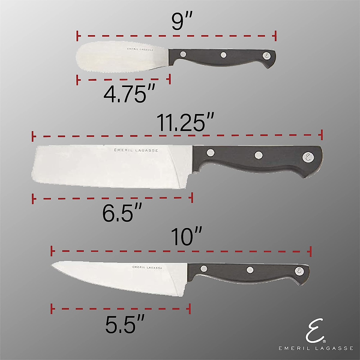 Emeril 3-Piece Specialty Cutlery Kitchen Knife Set (6.5" Nakiri, 5.5" Prep, & 4.75" Spreader Knives) (Black)