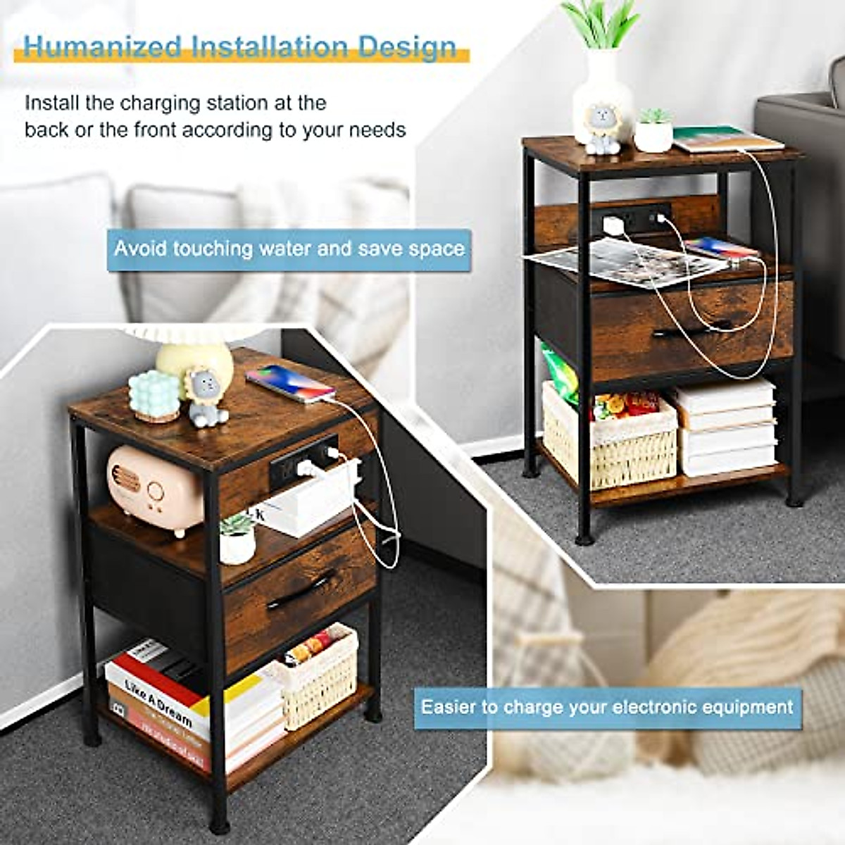 Nightstand with Charging Station Bed Side Table with Fabric Drawer 3-Tier End Table with USB Ports and Outlets Industrial Night Stand for Bedroom Living Room Vintage Brown