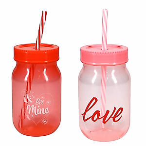 GCM Valentine's Day Plastic Pint Jar Tumbler with Lids & Straw 16oz Red Pink Reusable Cups for Kids Adults Drinking Cup Water Smoothies Juice Bottle Indoor Outdoor Use & Gifts Set of 2 Designs Vary