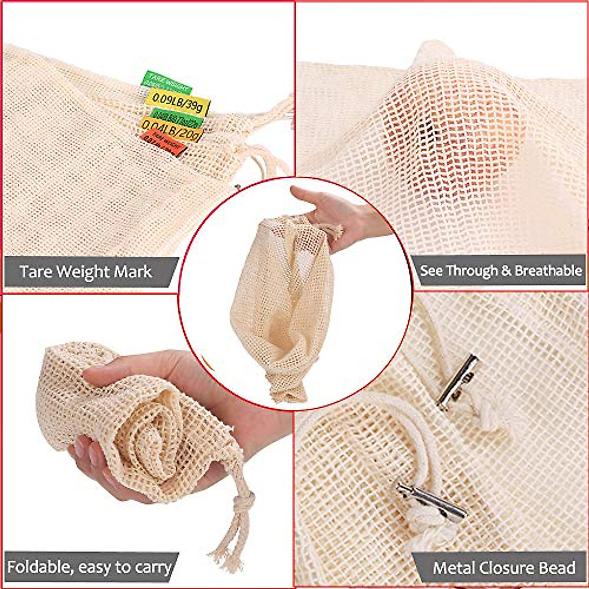 Romozi Reusable Produce Bags, Washable and Reusable Grocery Bags for Veggies, Fruits, Bulk Food,Toys, Cotton Mesh Produce Bags with Drawstring (Set of 6 PCS) (Light Yellow, 6)