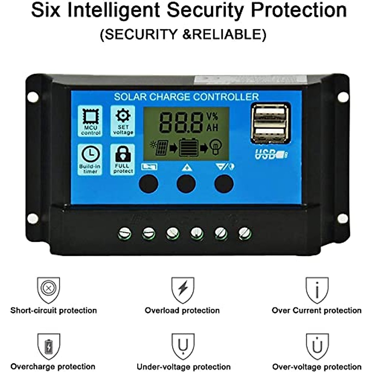 Jtron Solar Charge Controller, Charge Controllers for Solar Panel Battery Intelligent Regulator with Dual USB Port 12V/24V Auto Paremeter Multi-Function Adjustable LCD Display (YJSS-10A)