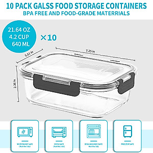 Skroam 10 Pack Glass Meal Prep Containers, Glass Airtight Food Storage Containers with Lids, Pantry Kitchen Storage Containers for Lunch, Food Storage, Meal Prep, Glass Lunch Bento Boxes - 22 OZ