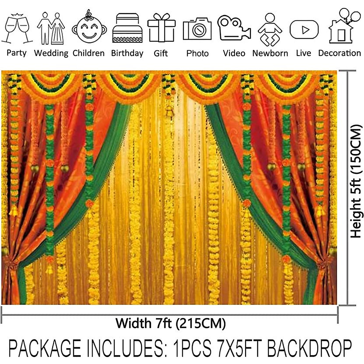 YCUCUEI 7x5ft India Traditional Photography Backdrop Puja Ganpati Pooja Mehndi Festival Background Decorations Wedding Party Marigold Garlands Photo Props