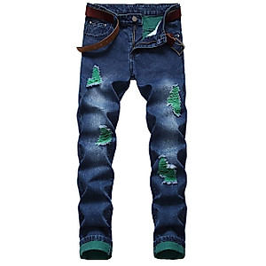 Men's Ripped Distressed Destroyed Slim Fit Straight Leg Denim Jeans (38, Dark Blue)