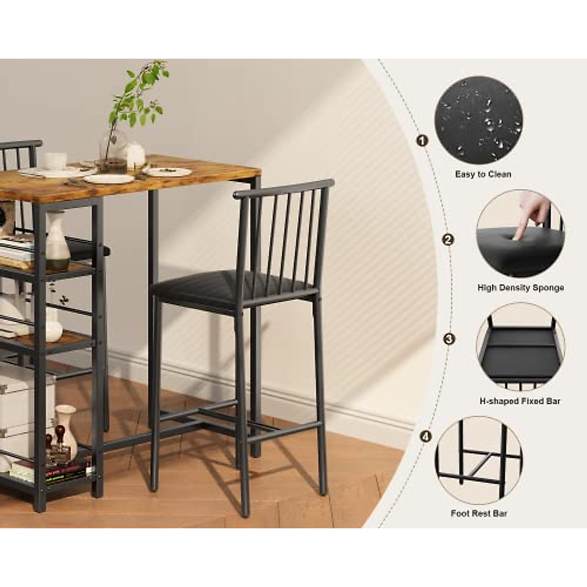 Gizoon Bar Table and Chairs Set for 2 with 3 Storage Shelves, Kitchen Counter Height Dining Table Set with Pu Cushion Chairs & Thick Wood Top for Breakfast, 3-Piece Modern Pub Table Set - Retro