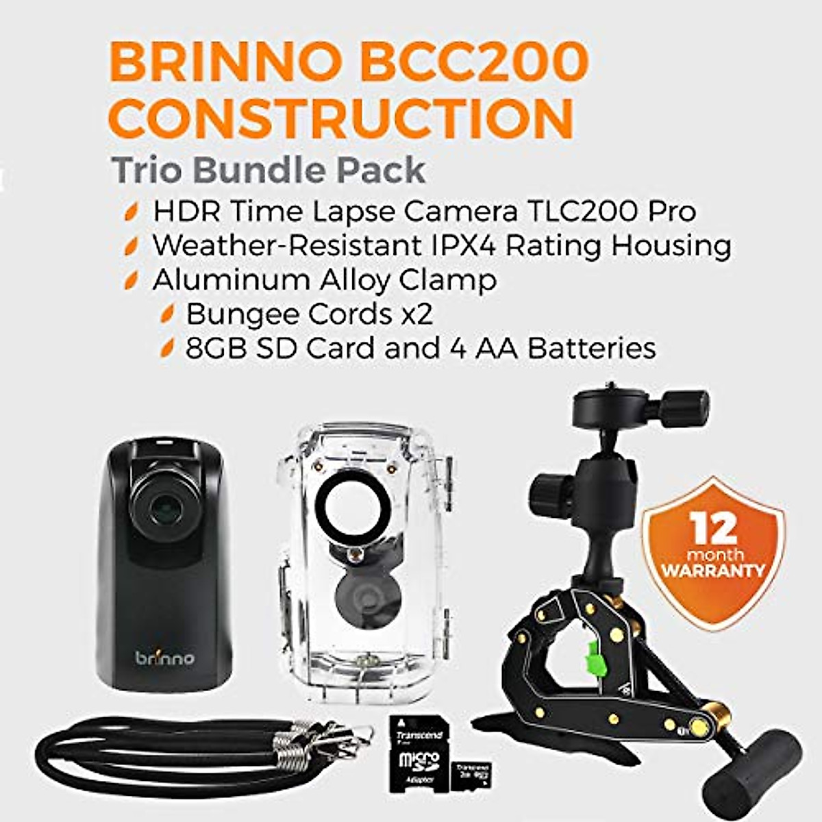 Brinno BCC200 - Construction & Outdoor Security Time-Lapse Camera Trio Bundle Pack - 42-Day Battery Life - 720P - Includes: TLC200 Pro Camera, Clamp, & Water-Resistant Case