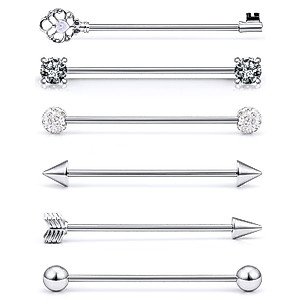 Vsnnsns 14G Industrial Piercing Jewelry Industrial Earrings Industrial Barbell Surgical Steel Cartilage Earrings Industrail Piercing 1 1/2"(36mm) Bar Length for Women Men 6PCS Silver