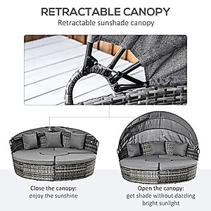 Outsunny 4pc Rattan Patio Furniture Set, Round Convertible Daybed or Sunbed, Adjustable Sun Canopy, Sectional Outdoor Sofa, 2 Chairs, Extending Tea Table, 3 Pillows, PE Plastic Wicker, Gray