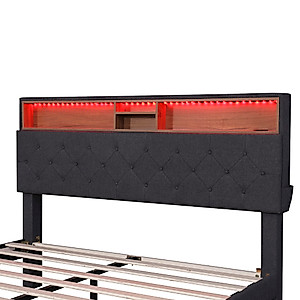 ccko Queen Size Bed Frame with Storage Headboard, USB Charging Station and 2 Drawers, No Box Spring Needed Upholstered Platform Bed Frame with LED Light Strip, Dark Gray(Not Include Mattress)