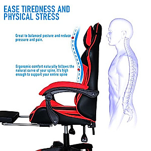 Gaming Chair, Computer Racing Chair with Footrest and Lumbar Support, Ergonomic High Back Office Headrest, Executive Swivel Rolling Leather Video Game (Red) (BRS806)