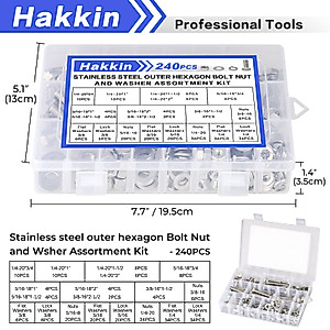 Hakkin 240Pcs Hex Bolts and Nuts Kit Stainless Steel Spring Washers Assortment Kit, 3/8" 1/4" 5/16", 10 SAE Sizes Machine Screws Set with Storage Case