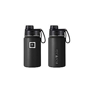 IRON °FLASK Camping & Hiking Hydration Flask with 3 Lids - Stainless Steel, Double Walled & Vacuum Insulated Water Bottle - Leak Proof & BPA Free (Midnight Black, Spout - 14 oz)