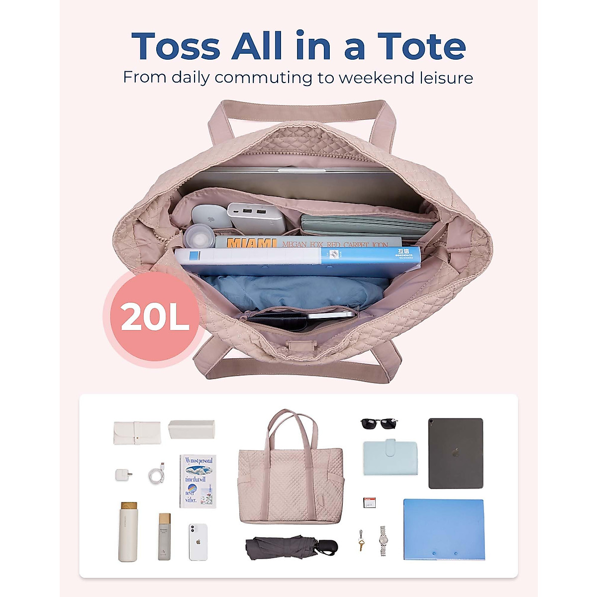 BAGSMART Large Tote Bag For Women, Travel Shoulder Bag Top Handle Handbag with Yoga Mat Buckle for Gym, Work, Travel(Pink, Large)