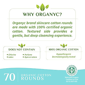 Organyc 100% Organic Cotton Rounds - Biodegradable Cotton, Chemical Free, For Sensitive Skin (70 Count) - Daily Cosmetics. Beauty and Personal Care