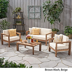 GDFStudio Outdoor 4 Seater Acacia Wood Chat Set, Brown Finish and Beige
