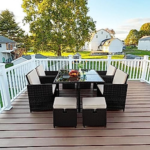 Yaheetech 9-Piece Patio Dining Sets Outdoor Space Saving Rattan Chairs with Glass Table, Wicker Patio Furniture Sets Outdoor Sectional Conversation Set with Removeable Cushions, Black