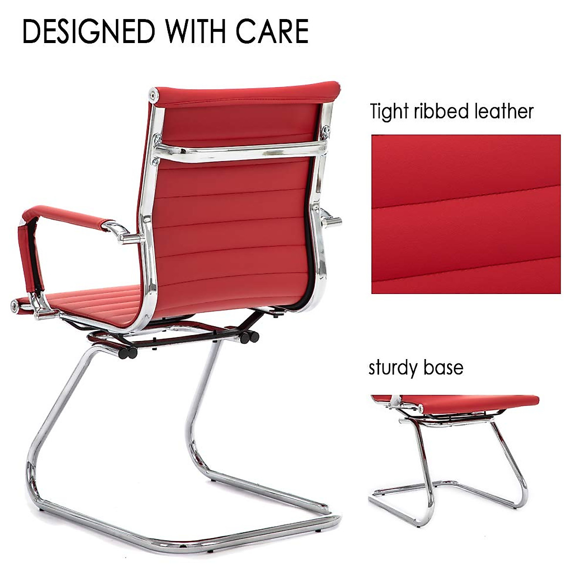 DM Furniture No Wheels Reception Chairs Guest Chair Leather Conference Chairs Back Support Heavy Duty Office Chair, Set of 2 (Deep Red)