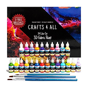Crafts 4 All Fabric Paint Set - Pack of 24 Permanent, Assorted 3D Paints for Decorating Clothes, Shoes, Canvas, Wood and Paper - Brushes Included - Art Supplies