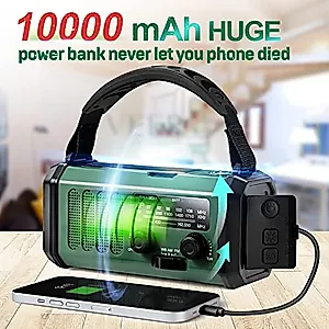 Emergency Hand Crank Weather Radio with 10000mAh Battery Backup, AM FM NOAA Weather Radio, Type-C Charge,Solar Charging,SOS, 3 Modes LED Torch，Reading Lamp, Compass for Outdoor Survival