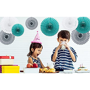8PCS Teal Grey White Hanging Paper Turquoise Aqua Party Fan Rosettes Circle Garland for Mermaid Birthday Under The Sea Party Girl Baby Shower Teal Wedding Bridal Shower Decoration