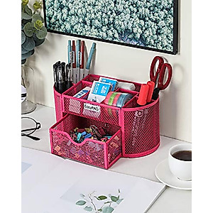 EasyPAG Desk Organizer Mesh Desktop Office Supplies Multi-functional Caddy Pen Holder Stationery with Drawer,Pink